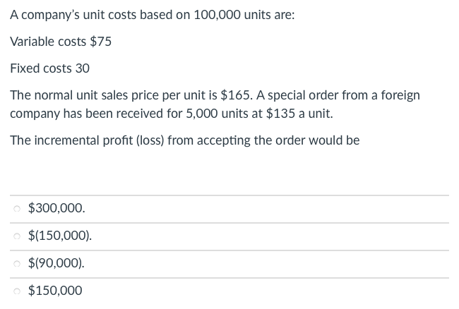 Solved A company's unit costs based on 100,000 units are: | Chegg.com