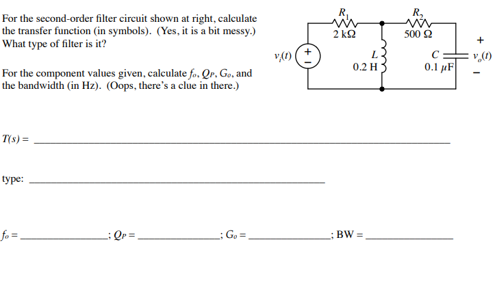 Solved For the second-order filter circuit shown at right, | Chegg.com