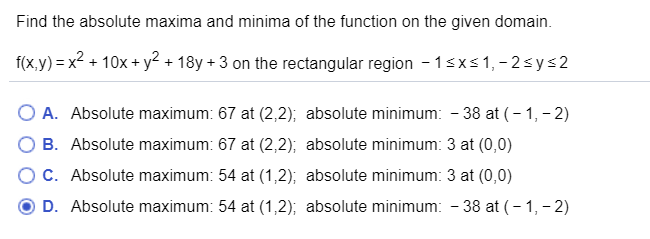 Solved Find the absolute maxima and minima of the function | Chegg.com