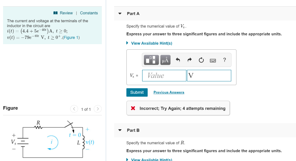 Solved Review| Constants Part A The current and voltage at | Chegg.com