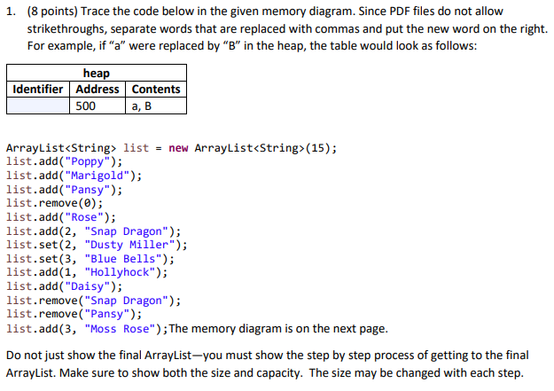 Solved 1. (8 points) Trace the code below in the given | Chegg.com
