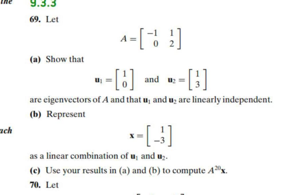 Solved 69. Let A=[−1012] (a) Show that u1=[10] and u2=[13] | Chegg.com