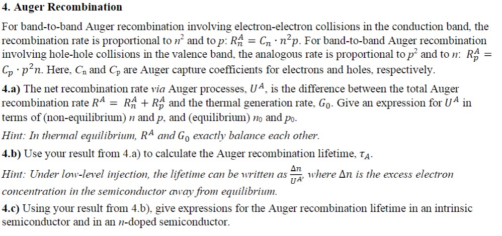 Solved For band-to-band Auger recombination involving | Chegg.com