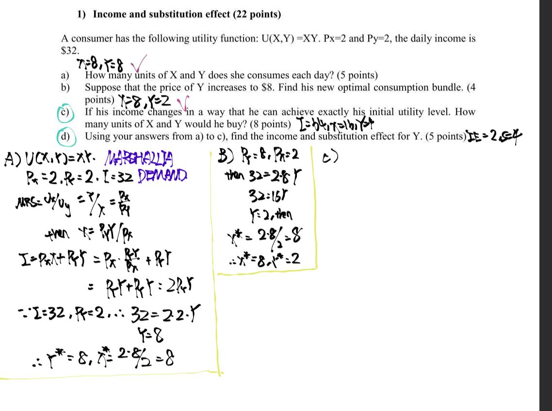 1) Income and substitution effect (22 points) A | Chegg.com