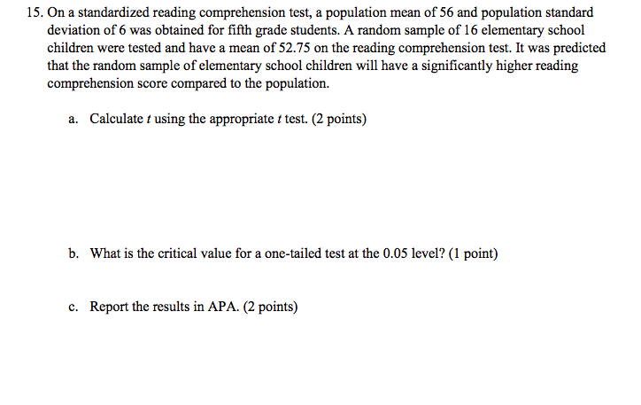Solved 15. On a standardized reading comprehension test, a | Chegg.com