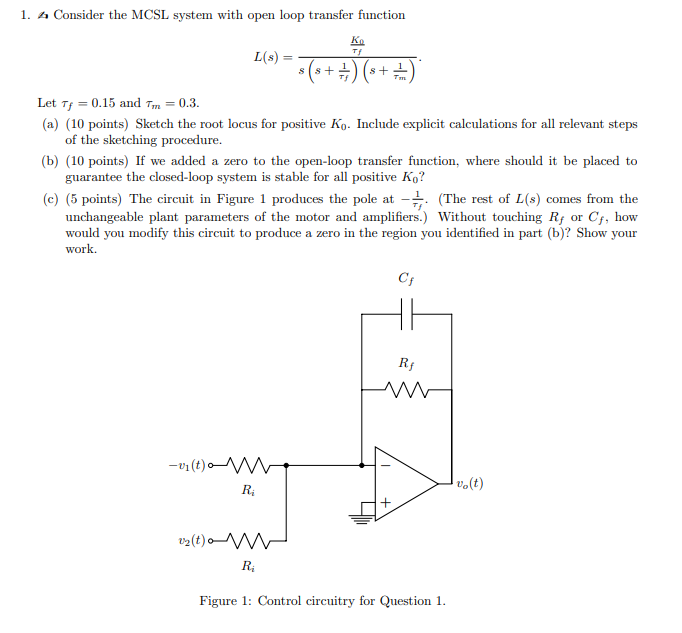Solved 1. A Consider the MCSL system with open loop transfer | Chegg.com