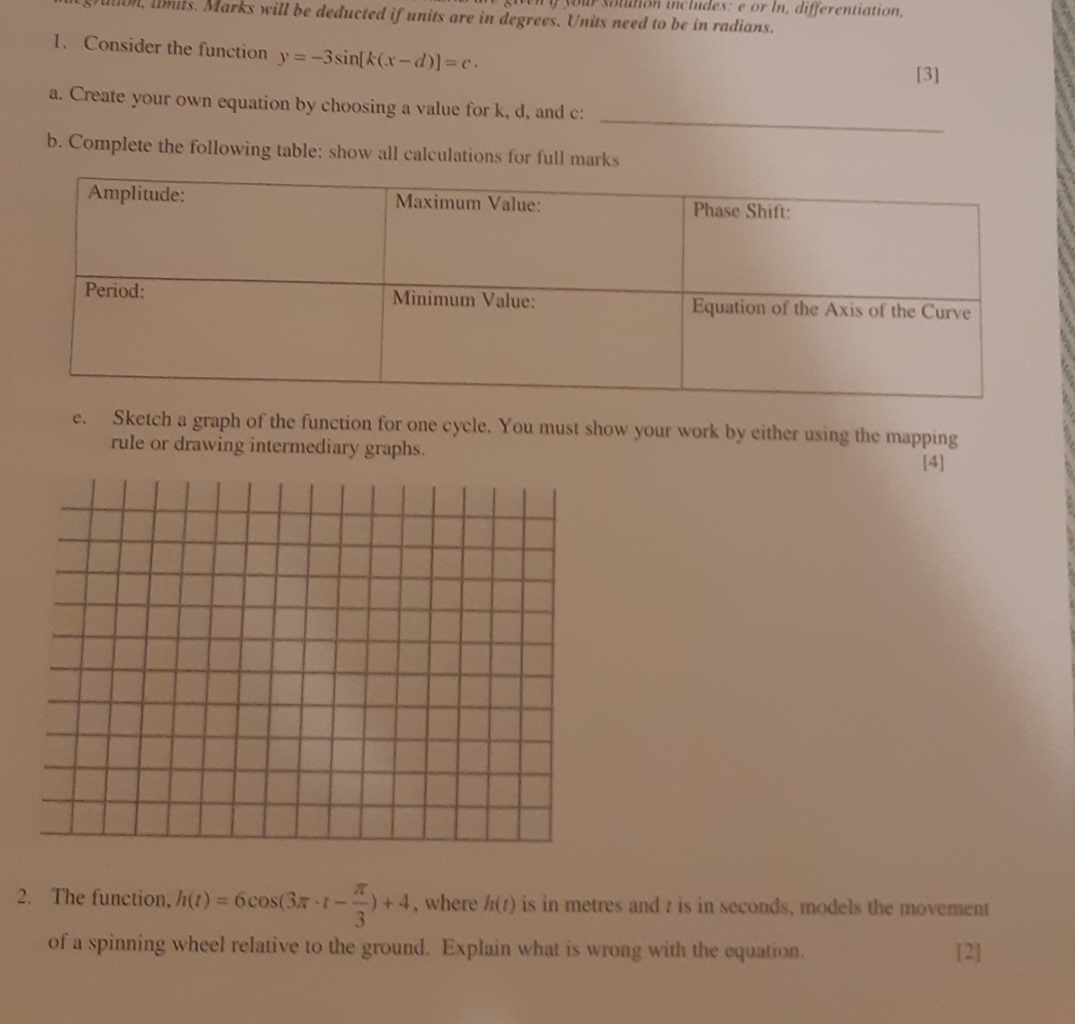 Solved 1. Consider the function y=−3sin[k(x−d)]=c. [3] a. | Chegg.com