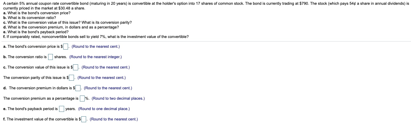 Solved A certain 5% annual coupon rate convertible bond | Chegg.com