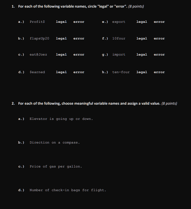 Solved 1. For each of the following variable names, circle | Chegg.com