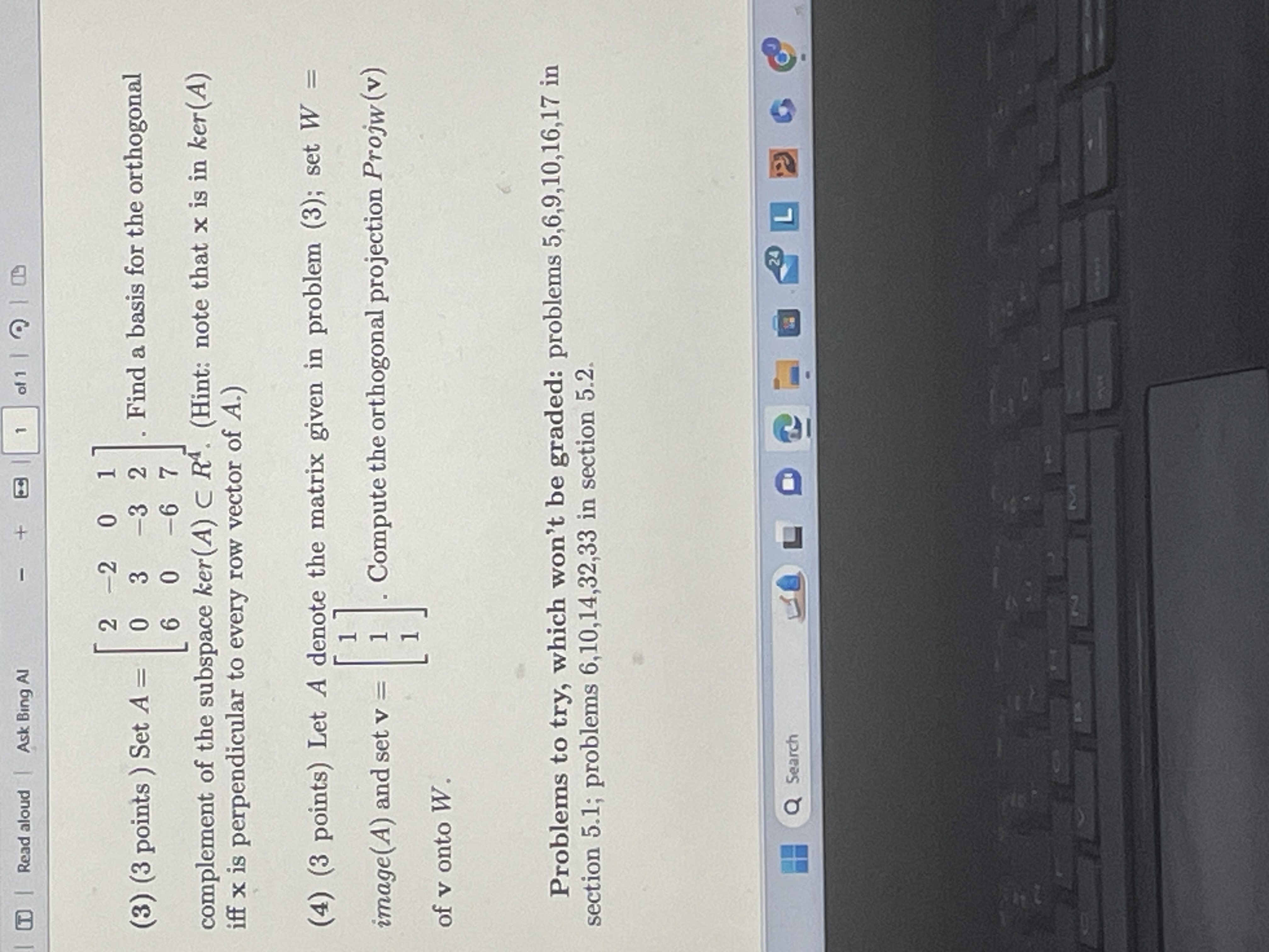 Solved (3) (3 points) Set A=⎣⎡206−2300−3−6127⎦⎤. Find a | Chegg.com