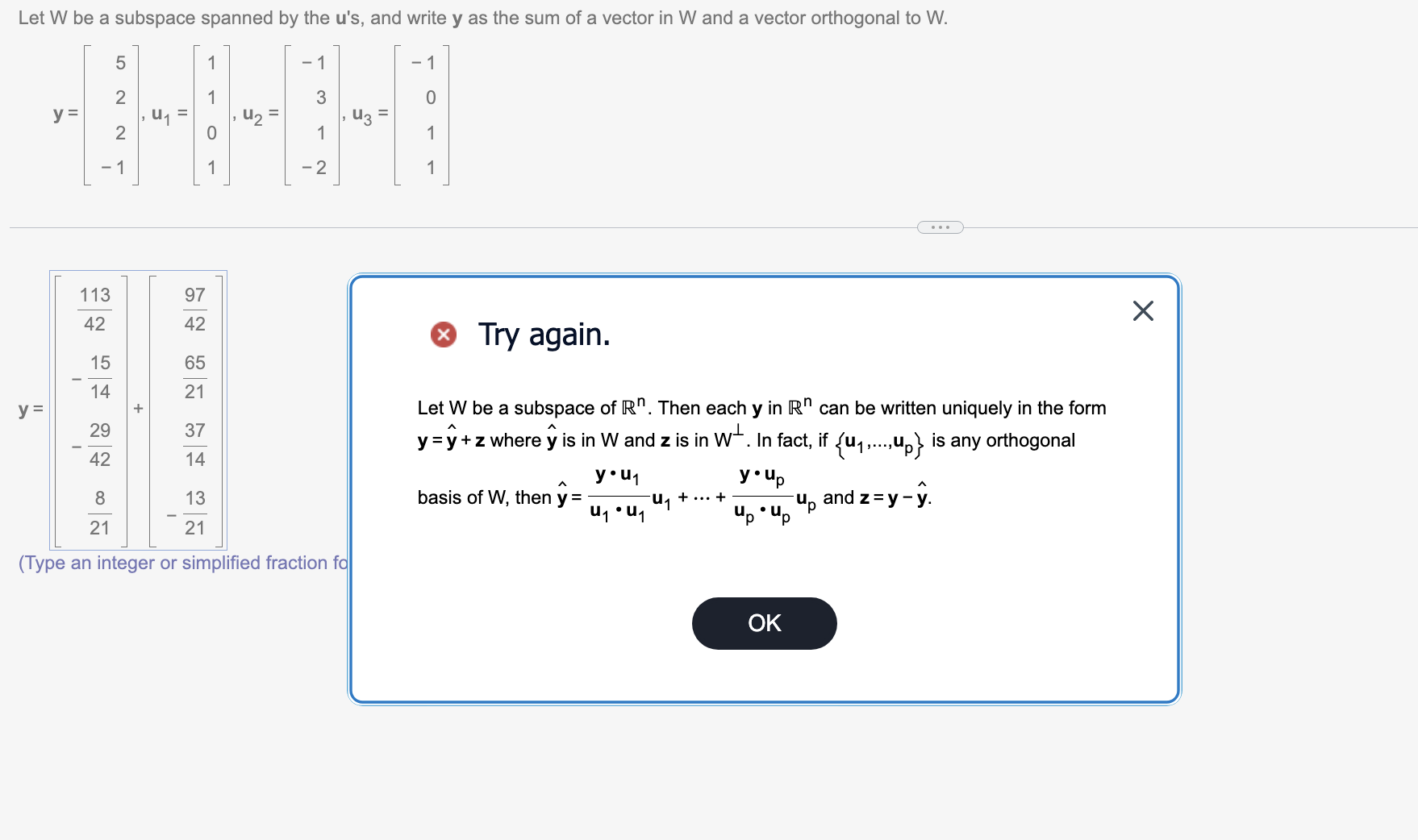 Solved y=⎣⎡522−1⎦⎤,u1=⎣⎡1101⎦⎤,u2=⎣⎡−131−2⎦⎤,u3=⎣⎡−1011⎦⎤ \( | Chegg.com