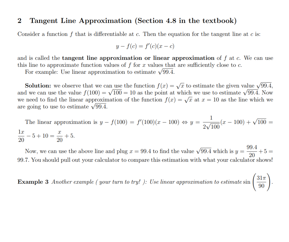 Solved 2 Tangent Line Approximation (Section 4.8 in the | Chegg.com