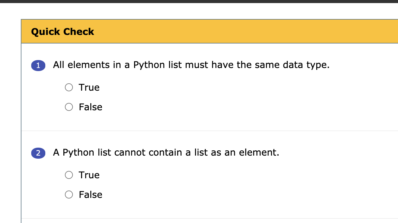 Solved Quick Check 1 All Elements In A Python List Must Have Chegg
