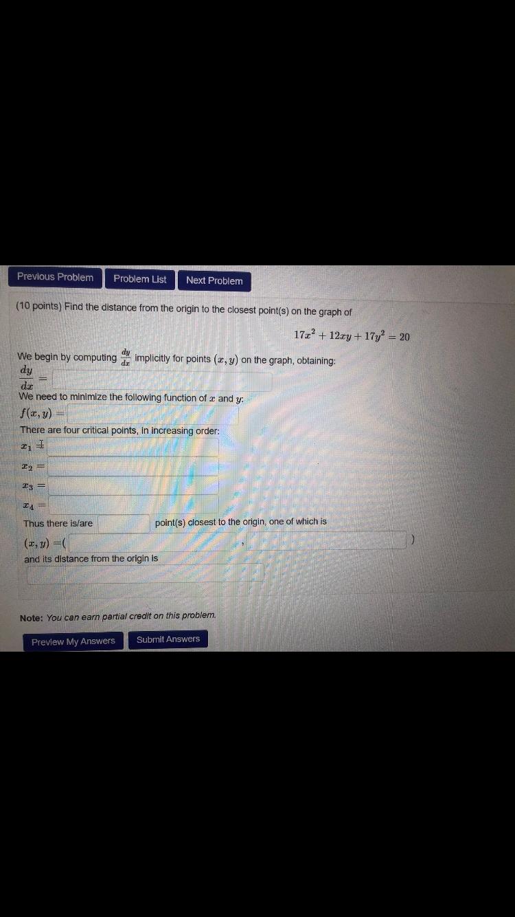 Solved (10 points) Find the distance from the origin to the | Chegg.com