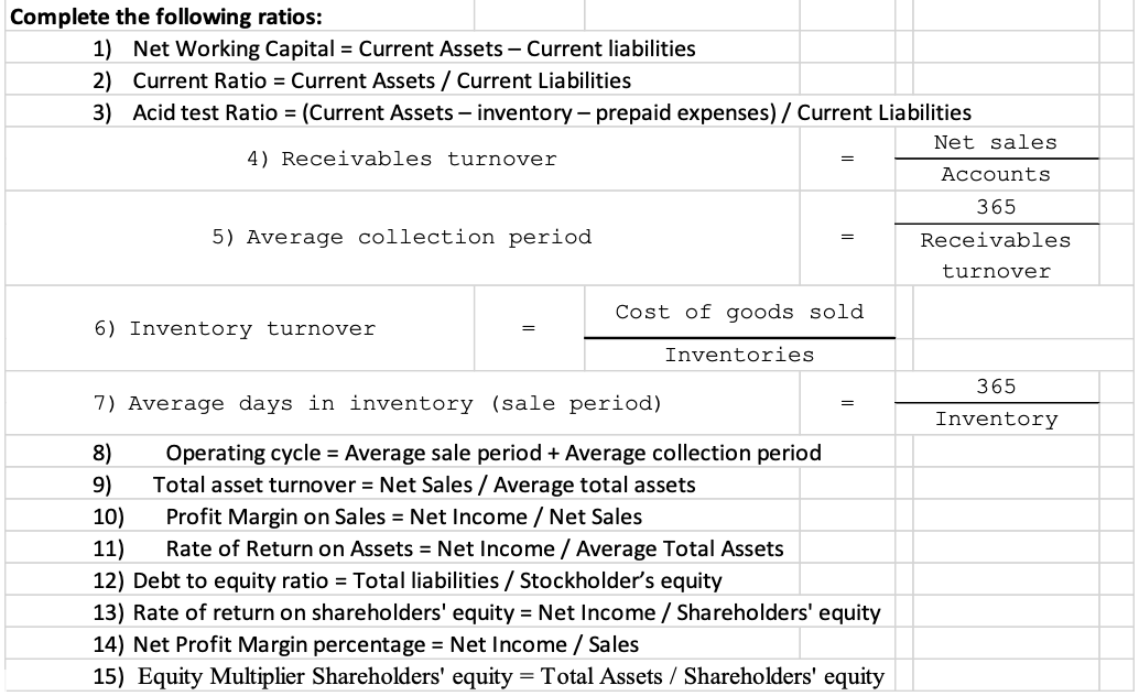 Solved Complete the following ratios: 1) Net Working Capital | Chegg.com