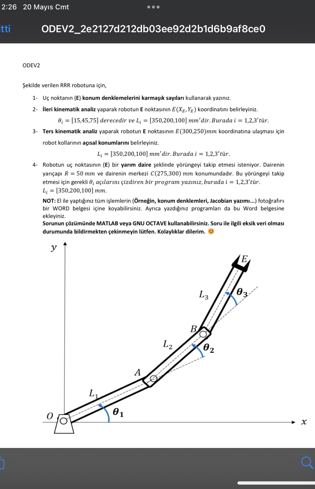For the RRR robot given in the figure, 1- Write the | Chegg.com