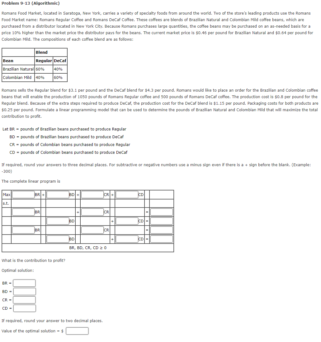 Solved Problem 9-13 (Algorithmic)Romans Food Market, located | Chegg.com