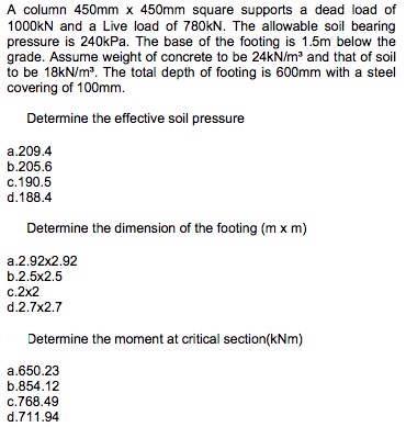 Solved A column 450mm x 450mm square supports a dead load of | Chegg.com