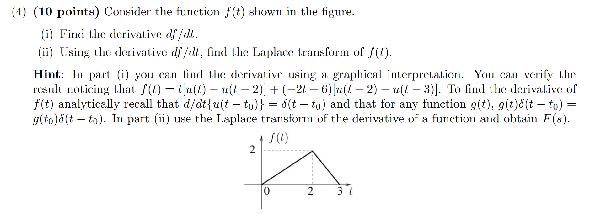 Solved (4) (10 points) Consider the function f(t) shown in | Chegg.com
