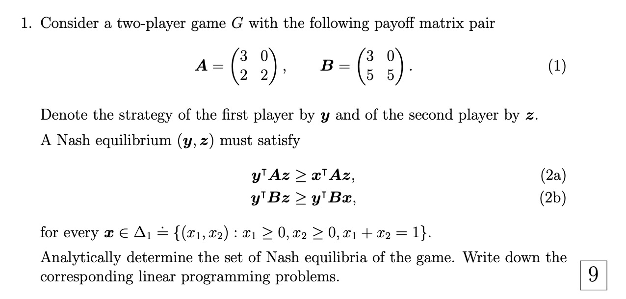 Consider a two-player game G ﻿with the following | Chegg.com