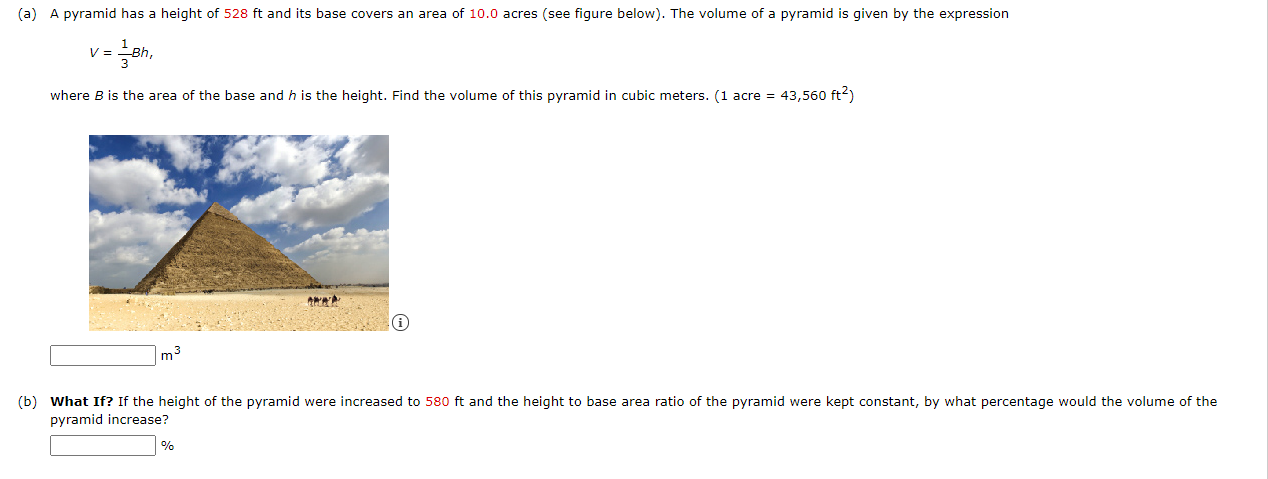 Solved (a) A pyramid has a height of 528 ft and its base | Chegg.com
