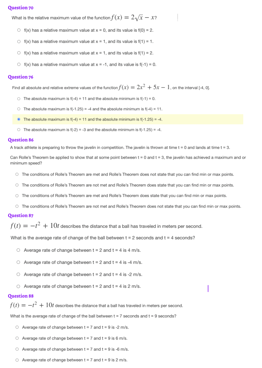 Solved Question 70 What Is The Relative Maximum Value Of The