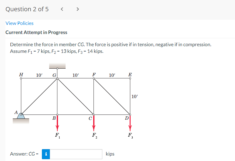 Solved Determine the force in member CG. The force is | Chegg.com
