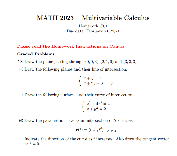 MATH 2023 – Multivariable Calculus Homework #01 Due | Chegg.com
