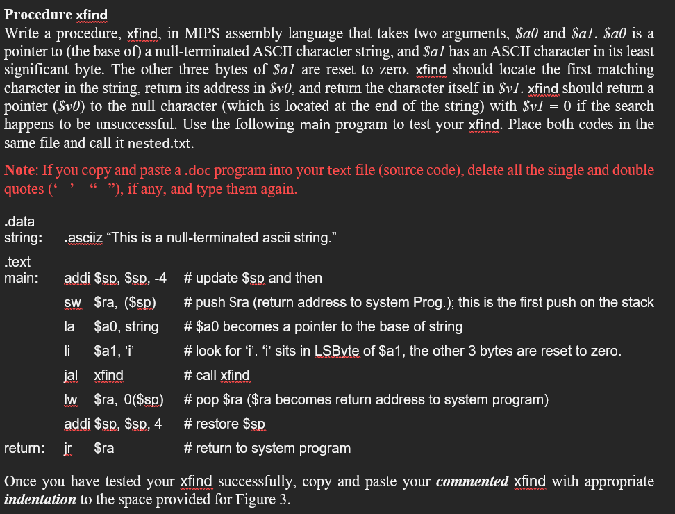 Procedure xfind Write a procedure, xfind, in MIPS | Chegg.com