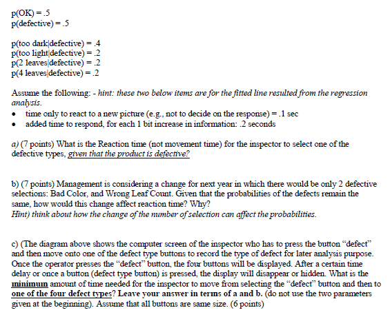 Solved 5. Consider the following incustrial inspection | Chegg.com