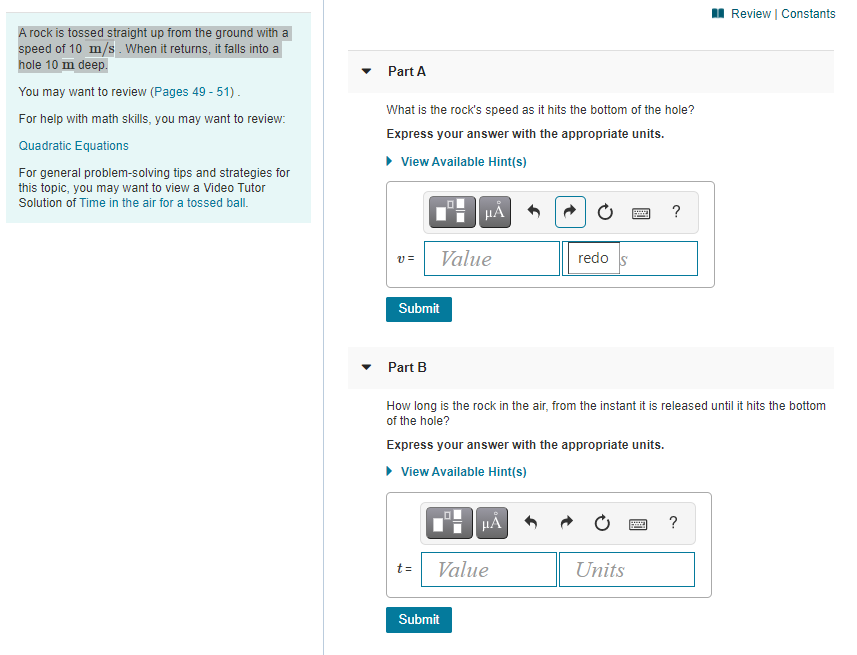 Solved I Review Constants Part A A rock is tossed straight | Chegg.com