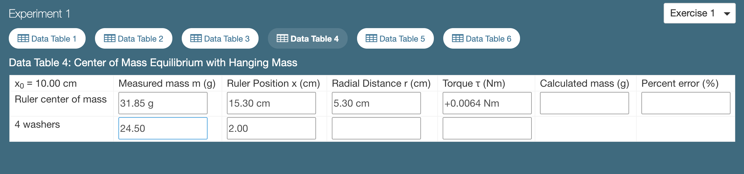 Solved: Data Table 4: Center Of Mass Equilibrium With Hang... | Chegg.com