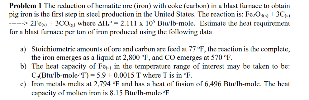 Solved Problem 1 The Reduction Of Hematite Ore Iron With
