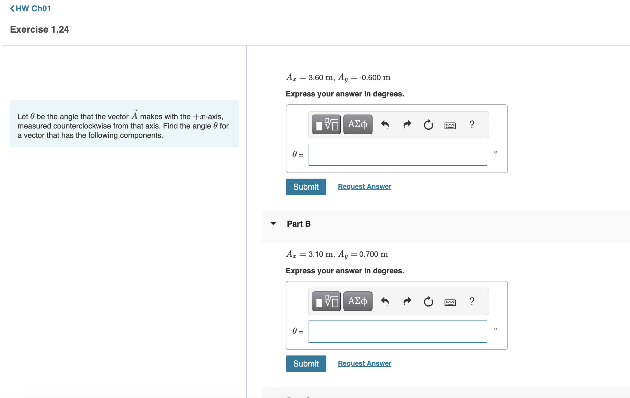 Solved Ax=3.60 m,Ay=−0.600 m Express your answer in degrees. | Chegg.com