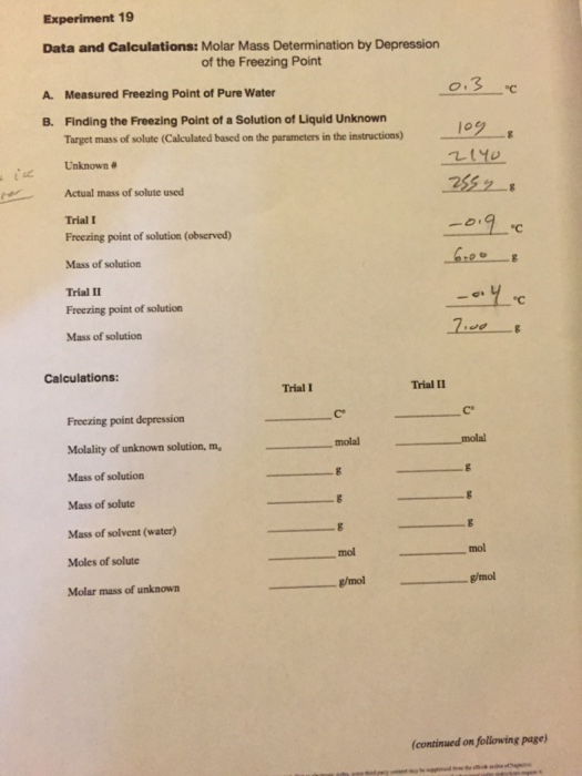Experiment 19 Data and Calculations: Molar Mass | Chegg.com