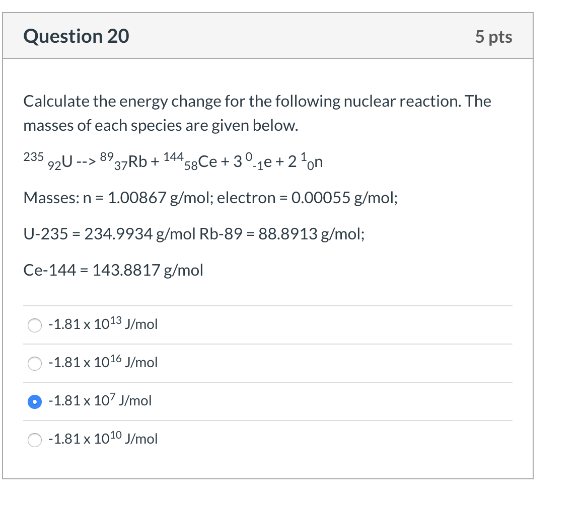 Solved Question 20 5 pts Calculate the energy change for the | Chegg.com