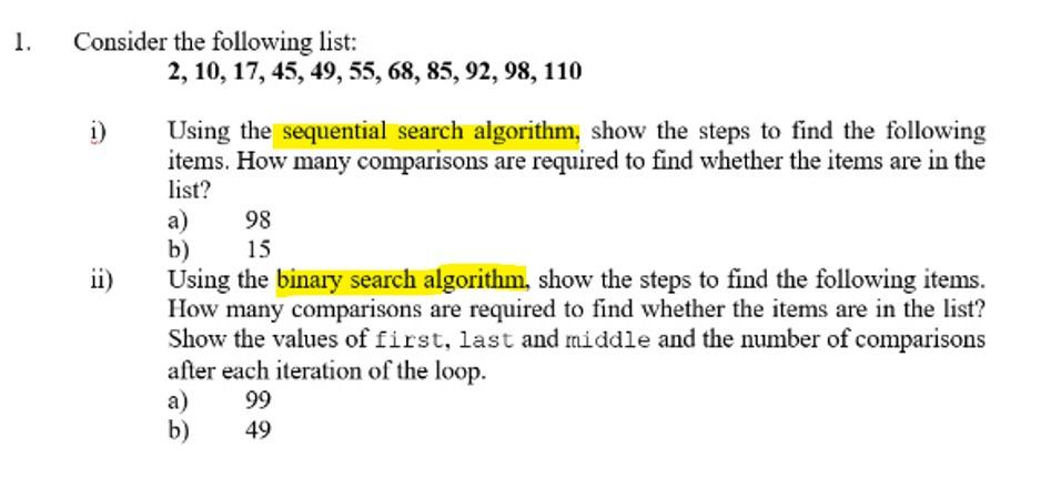 Solved 1. Consider the following list: 2, 10, 17, 45, 49, | Chegg.com
