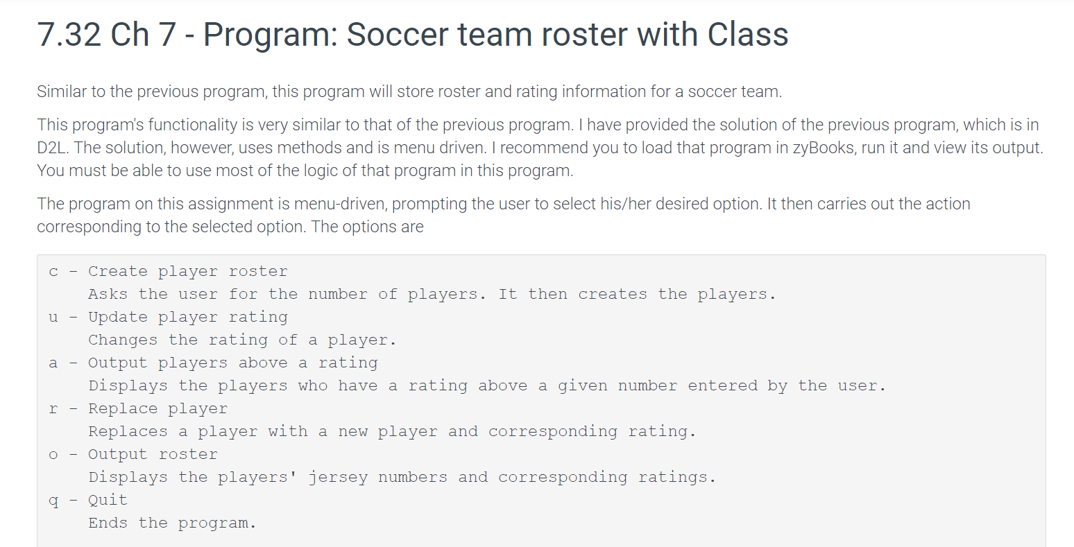 Solved 7.32 Ch 7 - Program: Soccer team roster with Class | Chegg.com