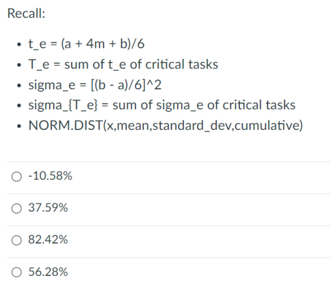 Solved For the following project, compute the probability of | Chegg.com