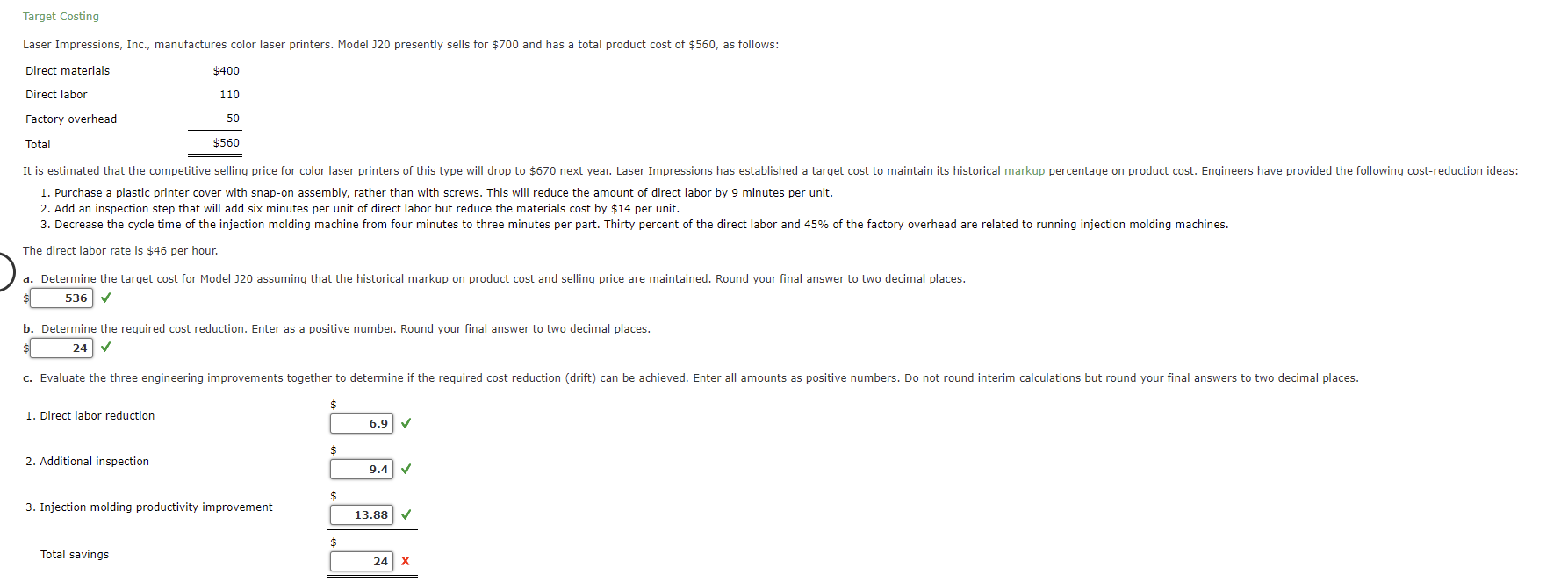 Solved Target Costing Laser Impressions, Inc., manufactures | Chegg.com