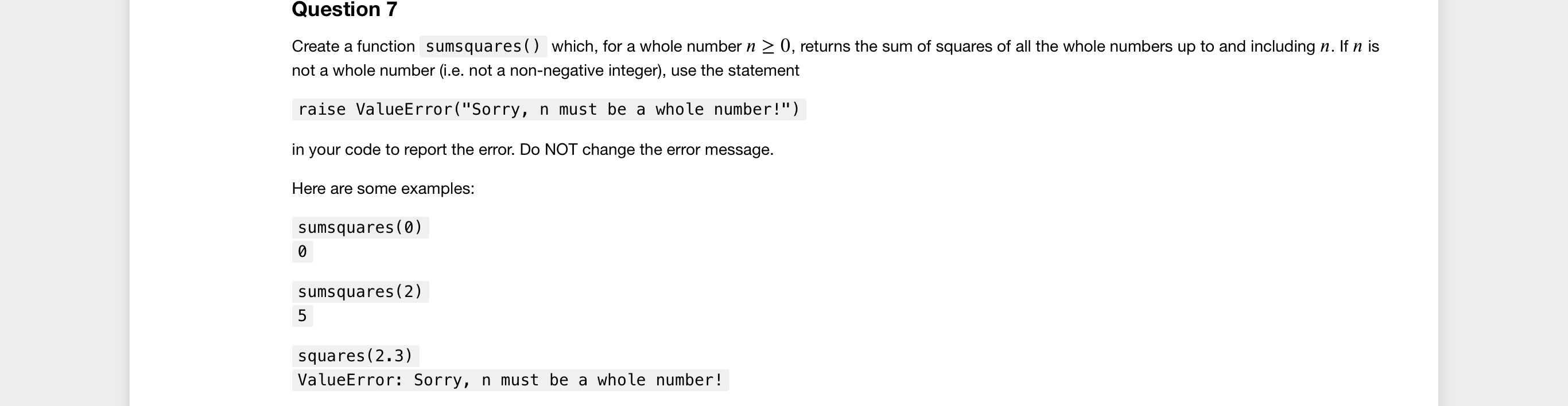 Solved Question 7 Create a function sumsquares () which, for | Chegg.com