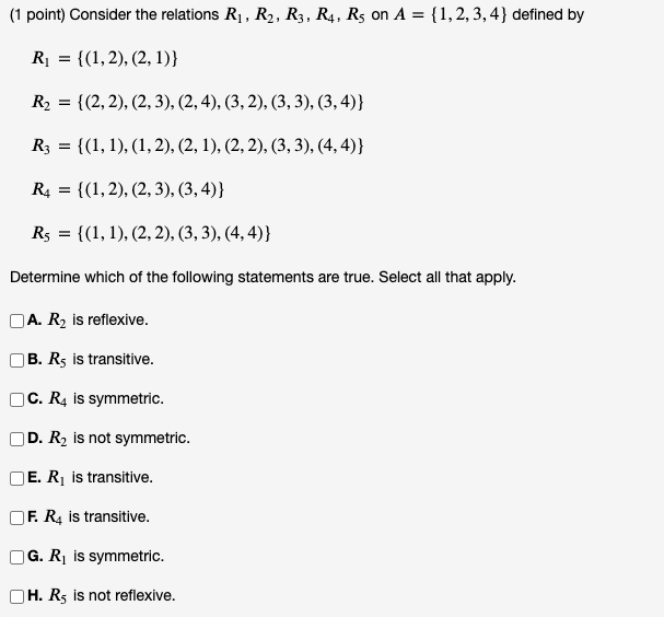 Solved (1 point) Consider the relations R1,R2,R3,R4,R5 on | Chegg.com