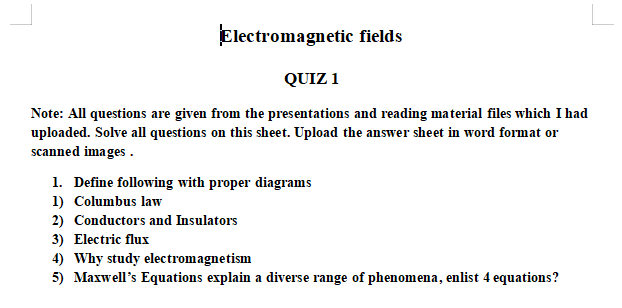 Solved Electromagnetic fields QUIZ 1 Note: All questions are | Chegg.com