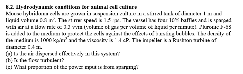 8.2. Hydrodynamic conditions for animal cell culture | Chegg.com