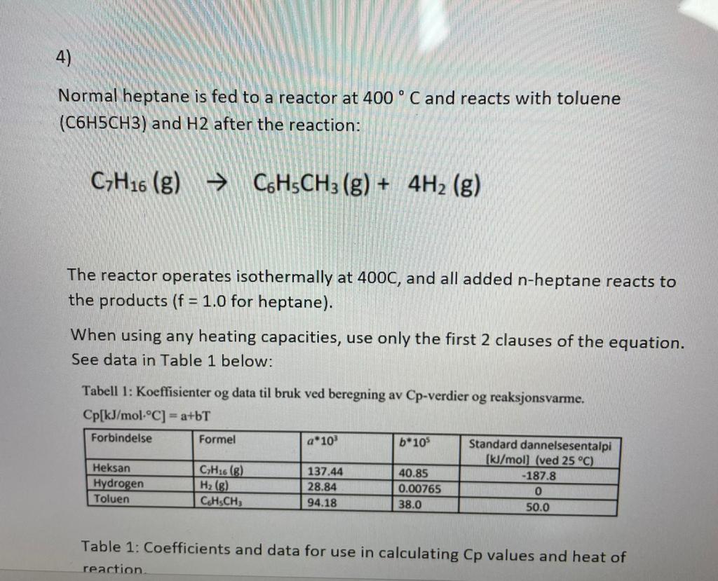 Solved 4) Normal heptane is fed to a reactor at 400 °C and | Chegg.com