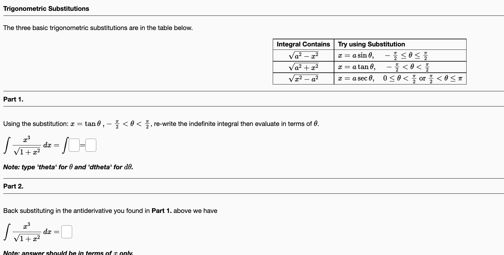 Solved The three basic trigonometric substitutions are in | Chegg.com