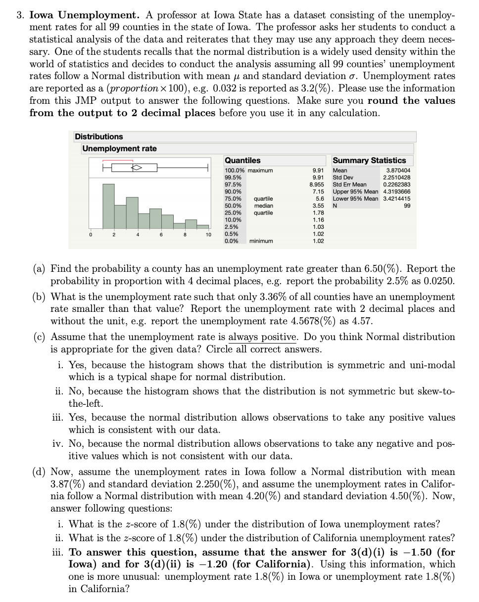 Solved 3. Iowa Unemployment. A professor at Iowa State has a | Chegg.com
