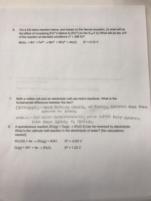 Solved 6. For a full redox reaction below, and based on the | Chegg.com