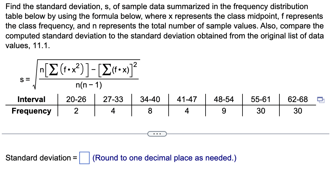 Solved Find the standard deviation, s, of sample data | Chegg.com