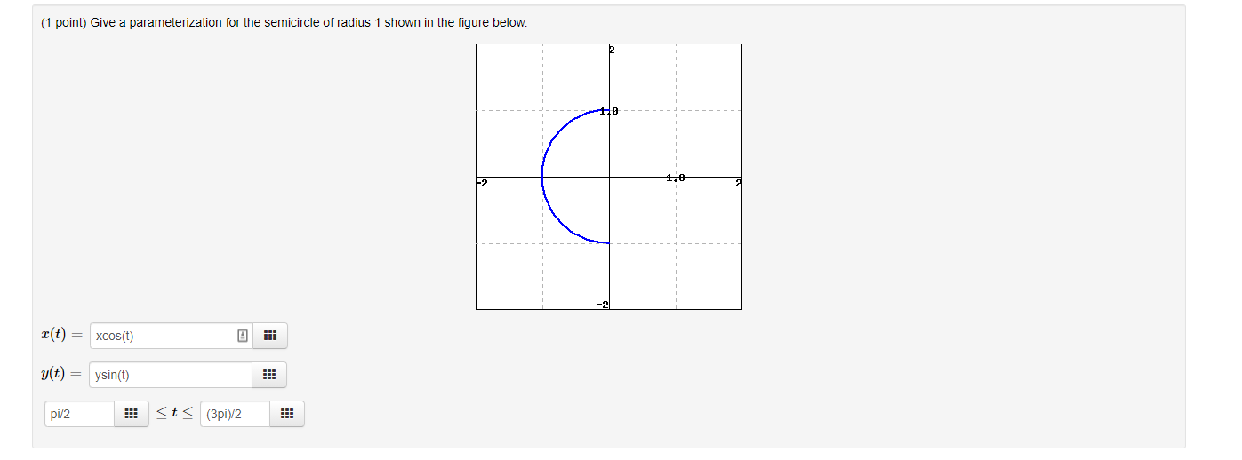 Solved (1 point) Give a parameterization for the semicircle | Chegg.com